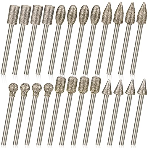 THEKBS 24Pcs Stone Carving Set Diamond Burr Set, Rotary Grinding Burrs Engraving Bits Set with 1/8-inch Shank Universal Fitment Rotary Tool Accessories for Carving, Grinding, Polishing, Engraving