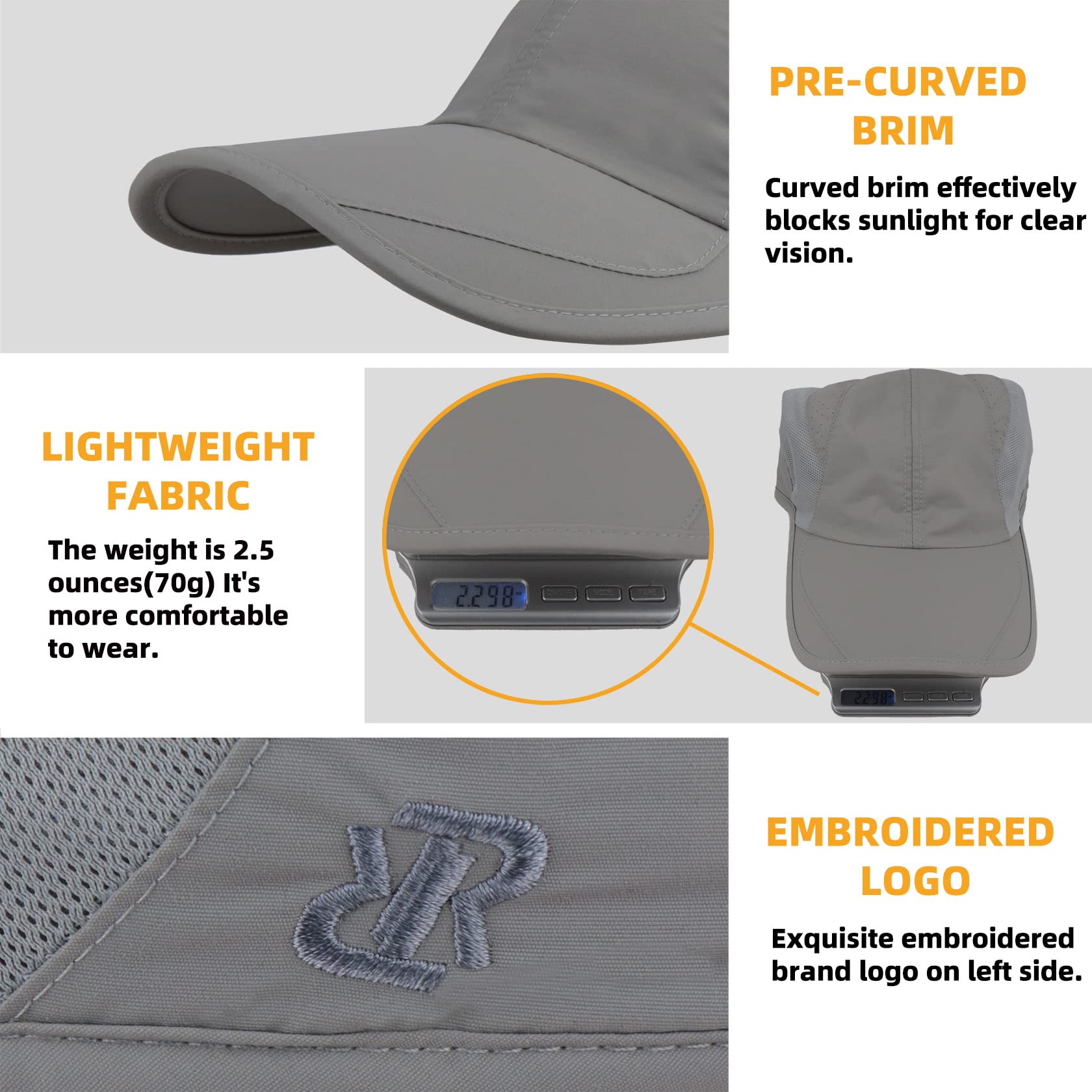 RRvane Unstructured Outdoor Sports Hat Polyester Quick Dry Running Cap, Unisex Baseball Cap Fit for 22"~24-3/8" (Light Grey)