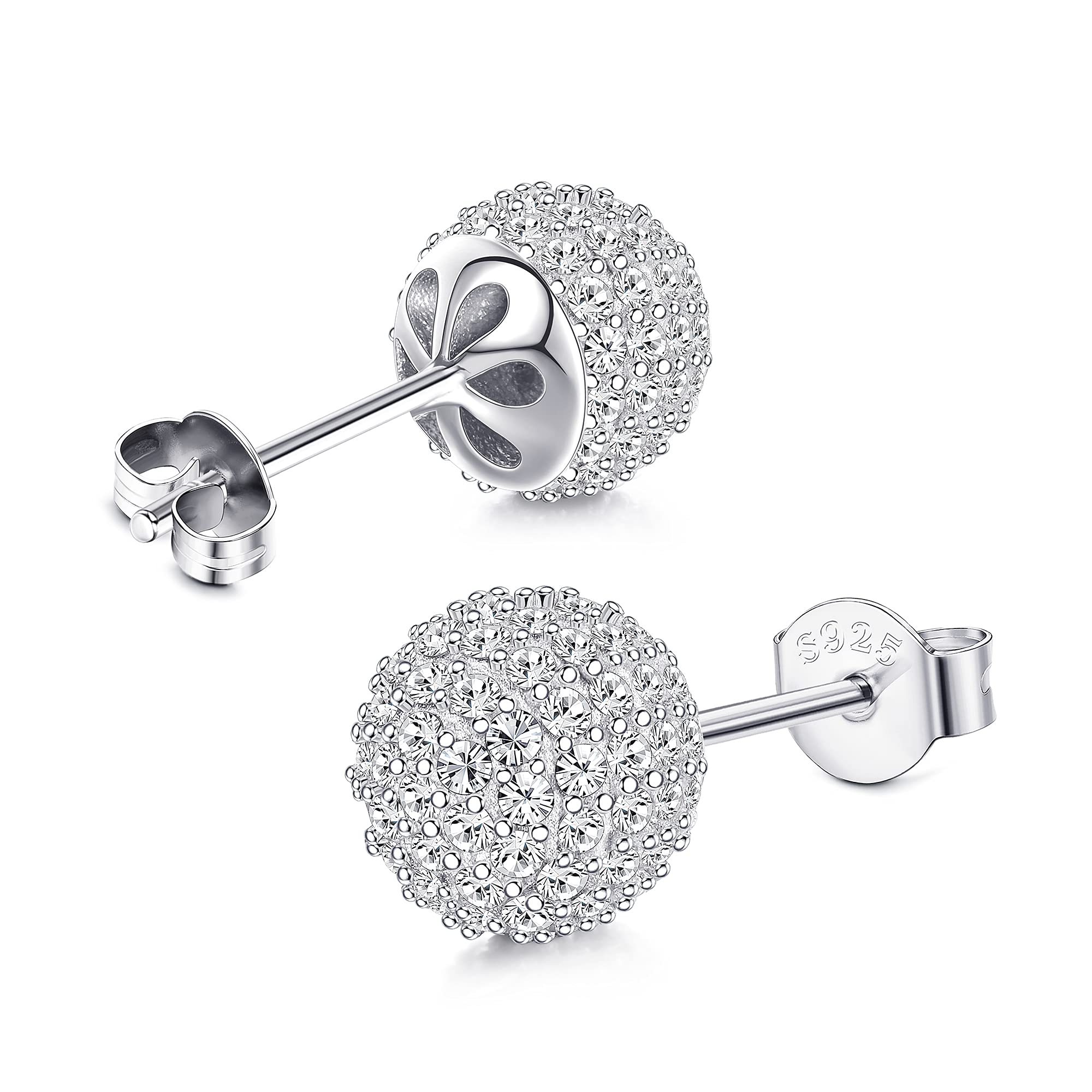 MILACOLATO 18K Gold Plated 925 Sterling Silver Stud Earrings for Women Clear Cubic Zirconia Disco Earrings Sparkle Crystal Ball Stud Earrings for Sensitive Ears Hyapollergenic, 8mm