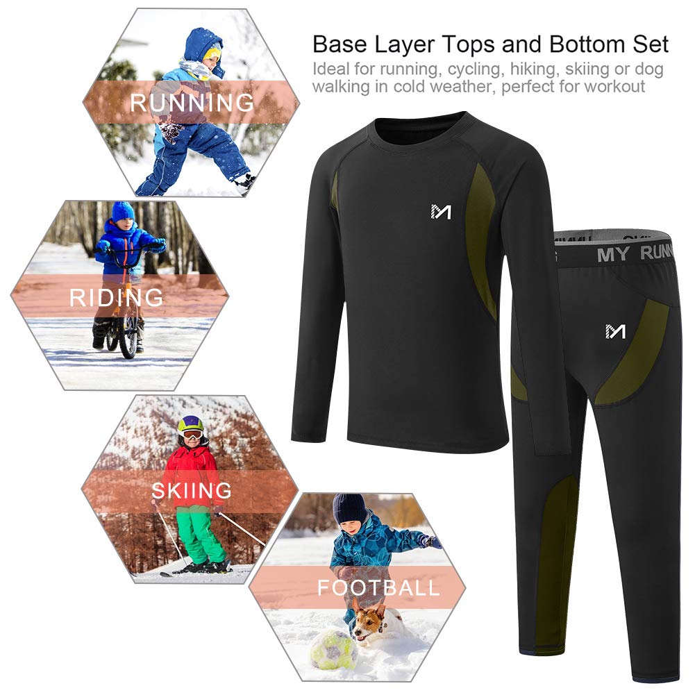 MEETYOO Boys and Girls Thermal Underwear Set, Unisex Fleece Lined Compression Base Layer, Winter Long Johns for Kids 8-16 Years, Black, Large