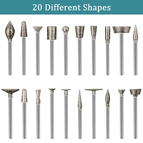Stone Carving Set Diamond Burr Bits Compatible with Dremel, 20PCS Polishing Kits Rotary Tools Accessories with 1/8’ Shank For Carving, Engraving, Grinding, Stone, Rocks, Jewelry, Glass, Ceramics