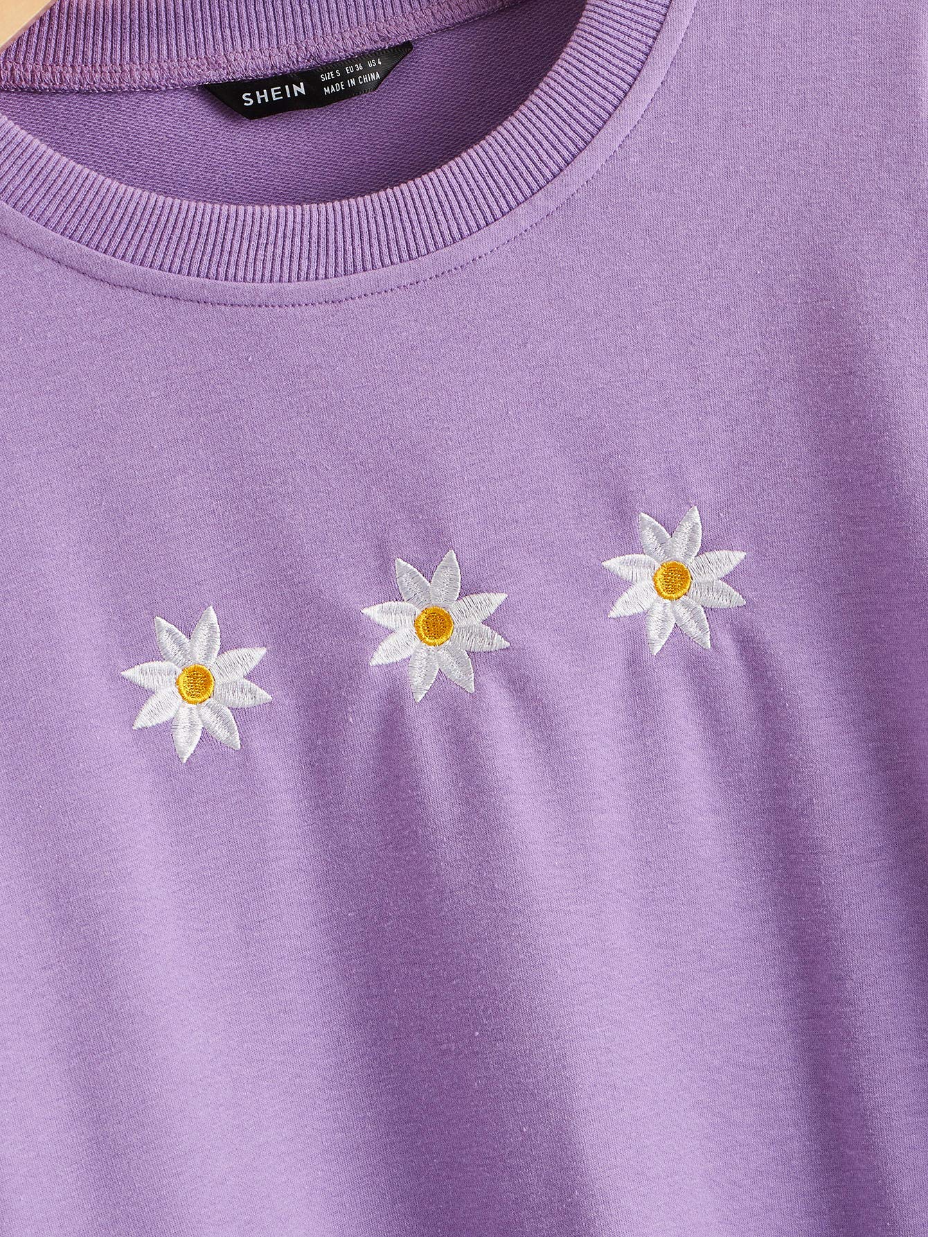 MakeMeChic Women's Floral Embroidered Round Neck Long Sleeve Sweatshirt Pullover Tops Lilac Purple S
