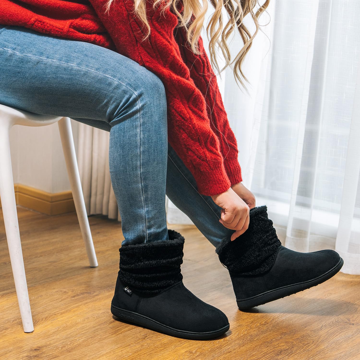 Longbay Women's Warm Chenille Knit Bootie Slippers Memory Foam Comfy Suede Fluffy Faux Fur Memory Foam Boots House Shoes (Large / 9-10, Black)