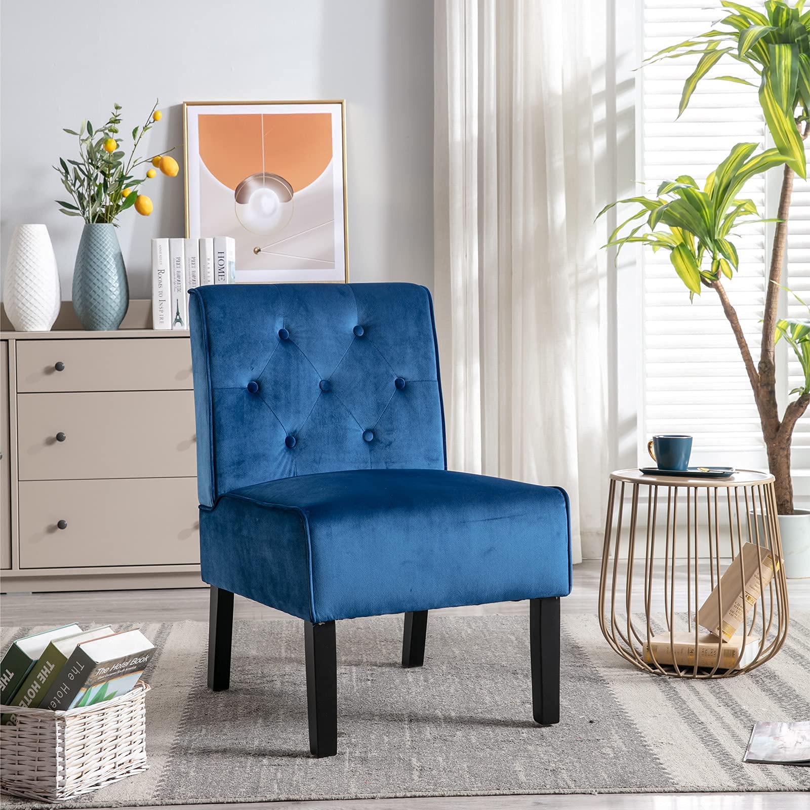 Living Room Chairs Armless Accent Chairs Comfy Bedroom Chair Velvet Side Sitting Chairs Modern Fabric Sofa Slipper Chair for Reading Blue