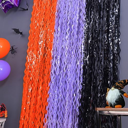 Mega-L Halloween Foil Fringe Curtains, 3 Pack Orange Purple Black Photo Booth Props, 18 Pcs PVC Bat & Spider Stickers Wall Decals, Halloween Photo Backdrop Wall Decor for Halloween Party Decorations