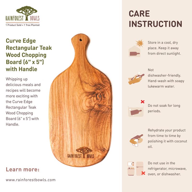 Rainforest Bowls 6"x5" Curved Edge Rectangular Javanese Teak Wood Cutting Board w/Handle- Ultra-Durable, Heavy Duty, Lasts Years w/Daily Use- Premium Style Handcrafted by Indonesian Artisans