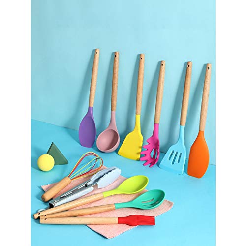 LMMDP 15 Piece Set of Cooking Green Silicone Kitchenware Shovel Spoon Kitchenware Tool Spoon Storage Bucket Set