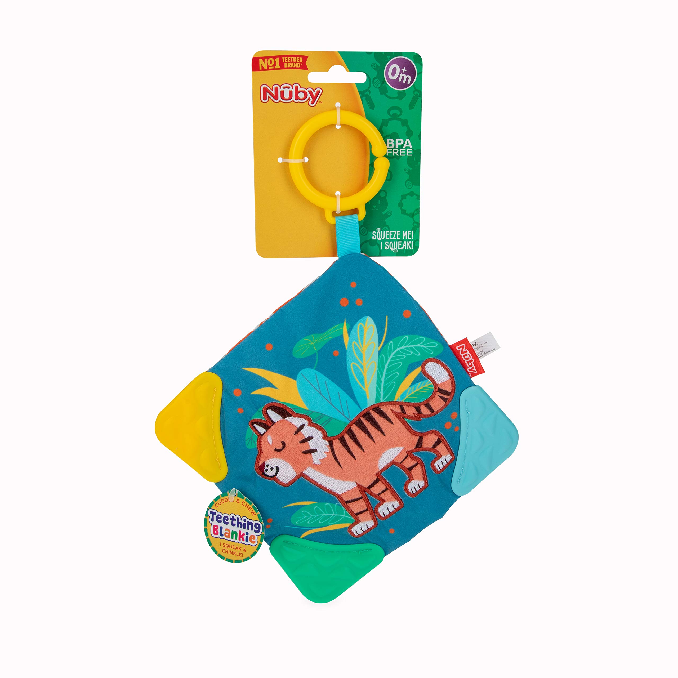 Nuby Plush Tiger Cuddle & Chew Teething Blankie with Squeaker & Connector Clip: 0 M +, Tiger, Multi