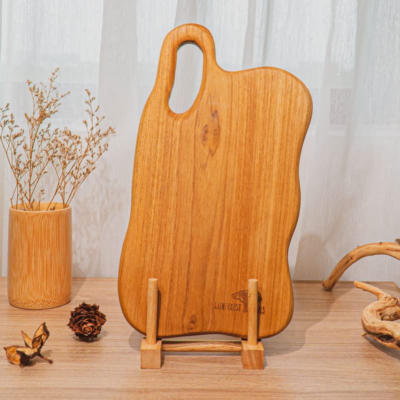 Rainforest Bowls 13"x7" Irregular Shaped Javanese Teak Wood Cutting Board w/Handle- Ultra-Durable, Heavy Duty, Lasts Years w/Daily Use- Premium Style Handcrafted by Indonesian Artisans