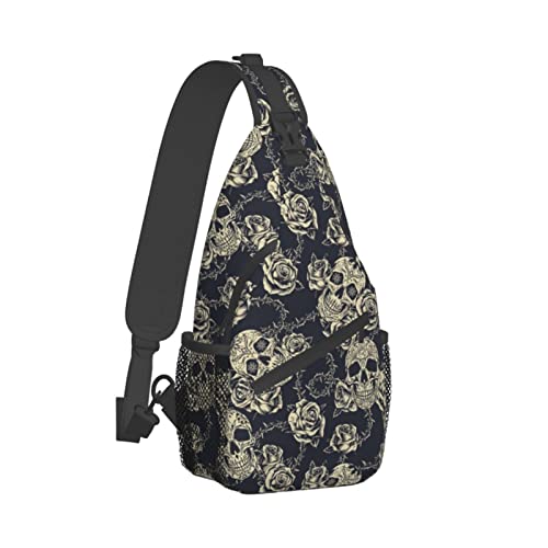 YANGDADA Vintage Tattoo Skull And Roses Sling Bag Crossbody Backpack Sling Backpack Shoulder Bag Casual Daypacks for Women Men Cycling Hiking Travel