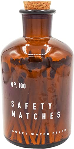 Sweet Water Decor 3" Safety Matches in Medium Amber Apothecary Bottle | Rustic Jar of Approx. 100 Decorative Matchsticks with Strike Pad | Cute Candle Accessory Match Holder with Colored Tips (Black)
