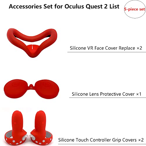 Oculus Quest 2 Accessories Bundle, Silicone Face Cover Pad for Oculus Quest 2 with 1 Silicone VR Face Cover Replace + 1 Lens Protective Cover + 2 Touch Controller Grip Covers Set (Red)