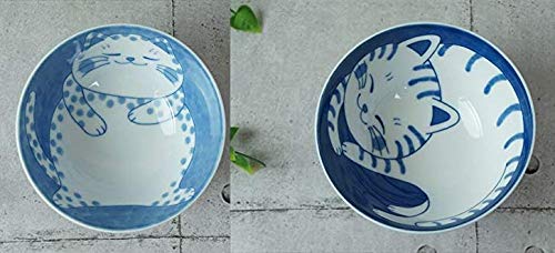 Set of 2 Japanese Rice Bowls, Cute Cats Design Buchi and Tora Bicolor and Tabby Porcelain Bowls
