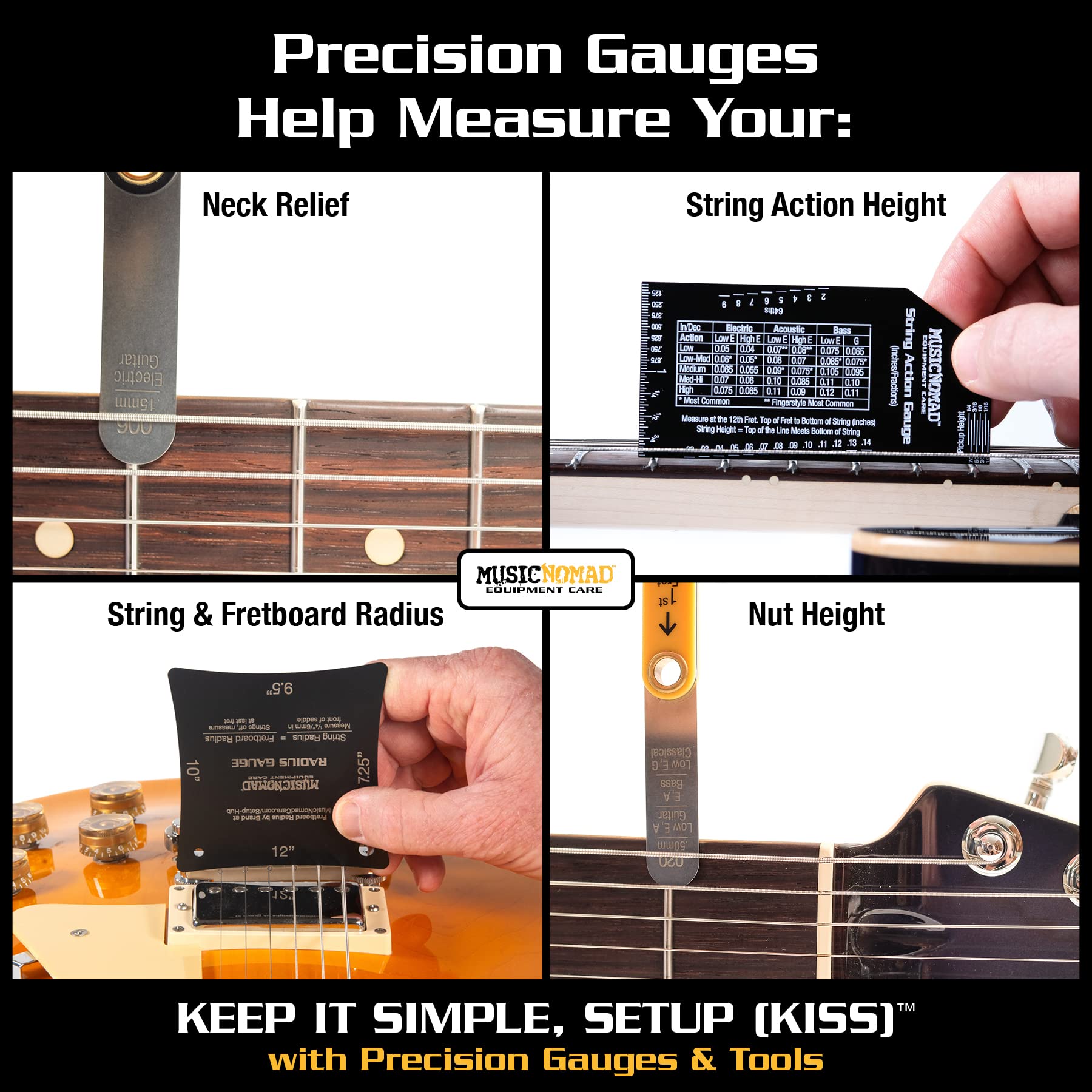 MusicNomad KEEP IT SIMPLE, SETUP (KISS)™ Starter Kit Bundle - 6 pc. Gauge Set, 26 pc. Guitar Tech Tool Set, 11 pc. Truss Rod Wrench Set (MN609)