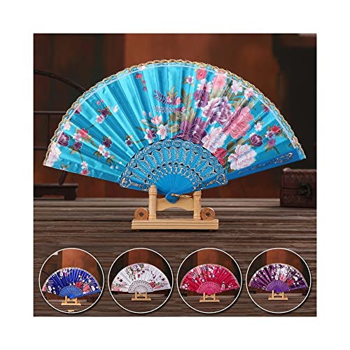 PBLCYUT Style Hand Held Folding Dance Fan Wedding Party Lace Silk Folding Hand Held Flower Fan Summer Wedding Fan Party (Color : Purple)