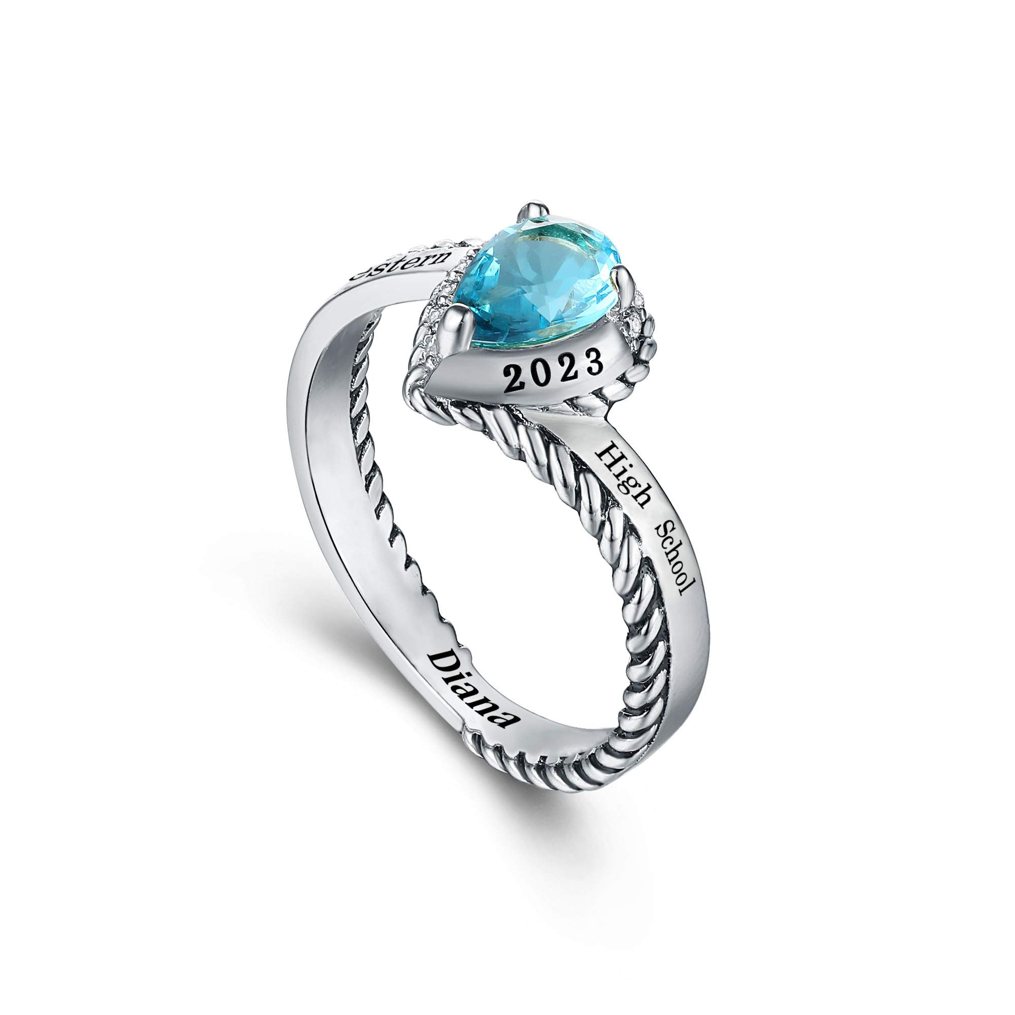 PJM Customized Sterling Silver Women’s High School Class Ring – Modern Collection – Fully Personalized (Sterling Silver Platinum)