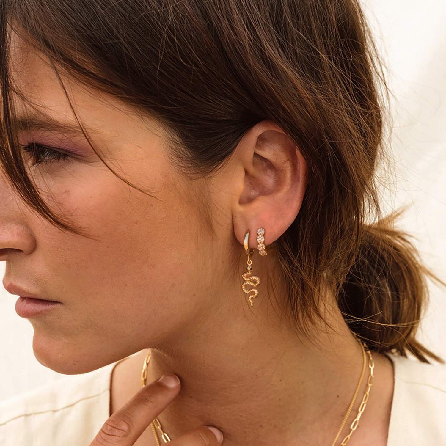 MYEARS Women Snake Earrings Gold Huggie Hoop Serpent Diamond Cubic Zirconia Dangle Drop 14K Gold Filled Small Boho Simple Delicate Hypoallergenic Animal Jewelry Gift
