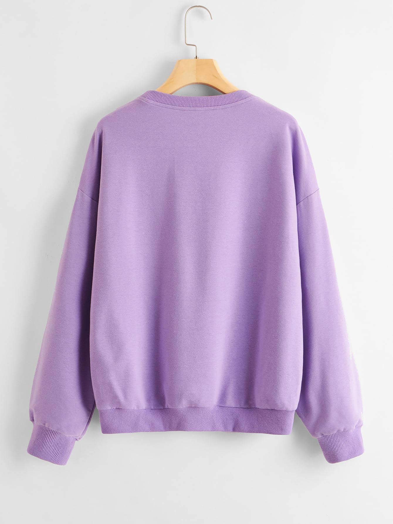 MakeMeChic Women's Floral Embroidered Round Neck Long Sleeve Sweatshirt Pullover Tops Lilac Purple S
