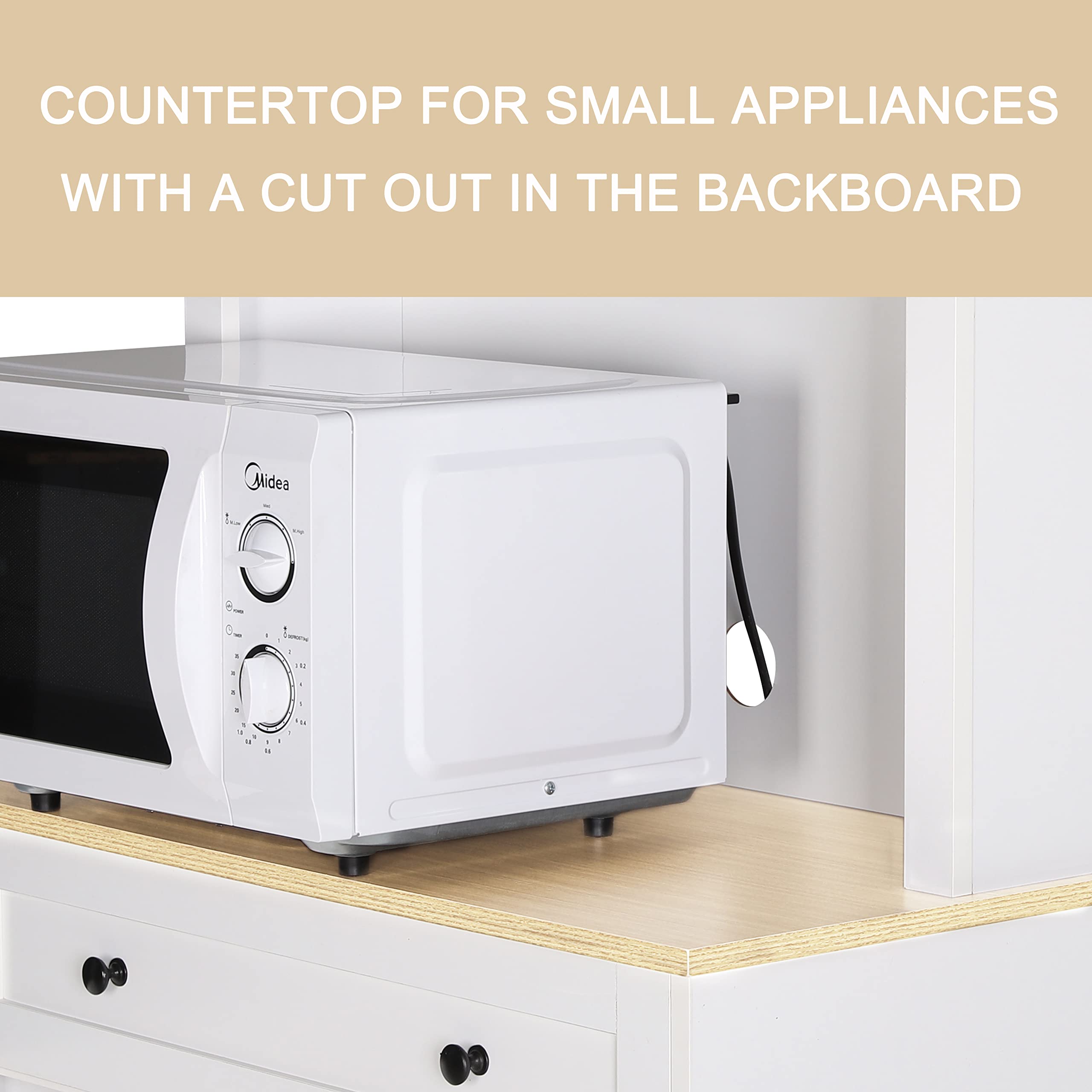 MUPATER 72'' Kitchen Pantry Storage Cabinet Buffet Hutch with Microwave Stand and Drawer, Freestanding Kitchen Pantry with Framed Glass Doors and Shelves, White
