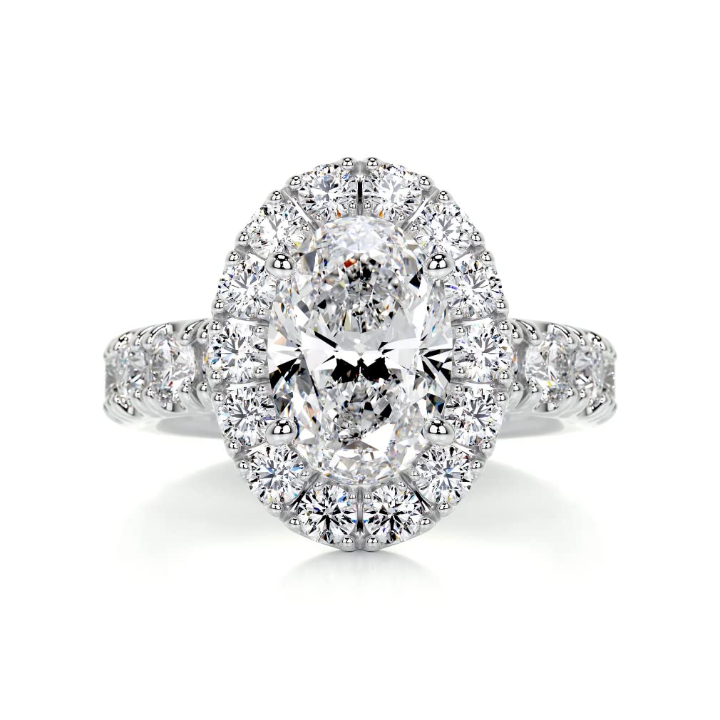 Solid Gold Handmade Wedding Ring 3 CT Oval Cut Moissanite Diamond Halo Bridal Engagement Ring for Anniversary Propose Gifts (14K Solid White Gold)