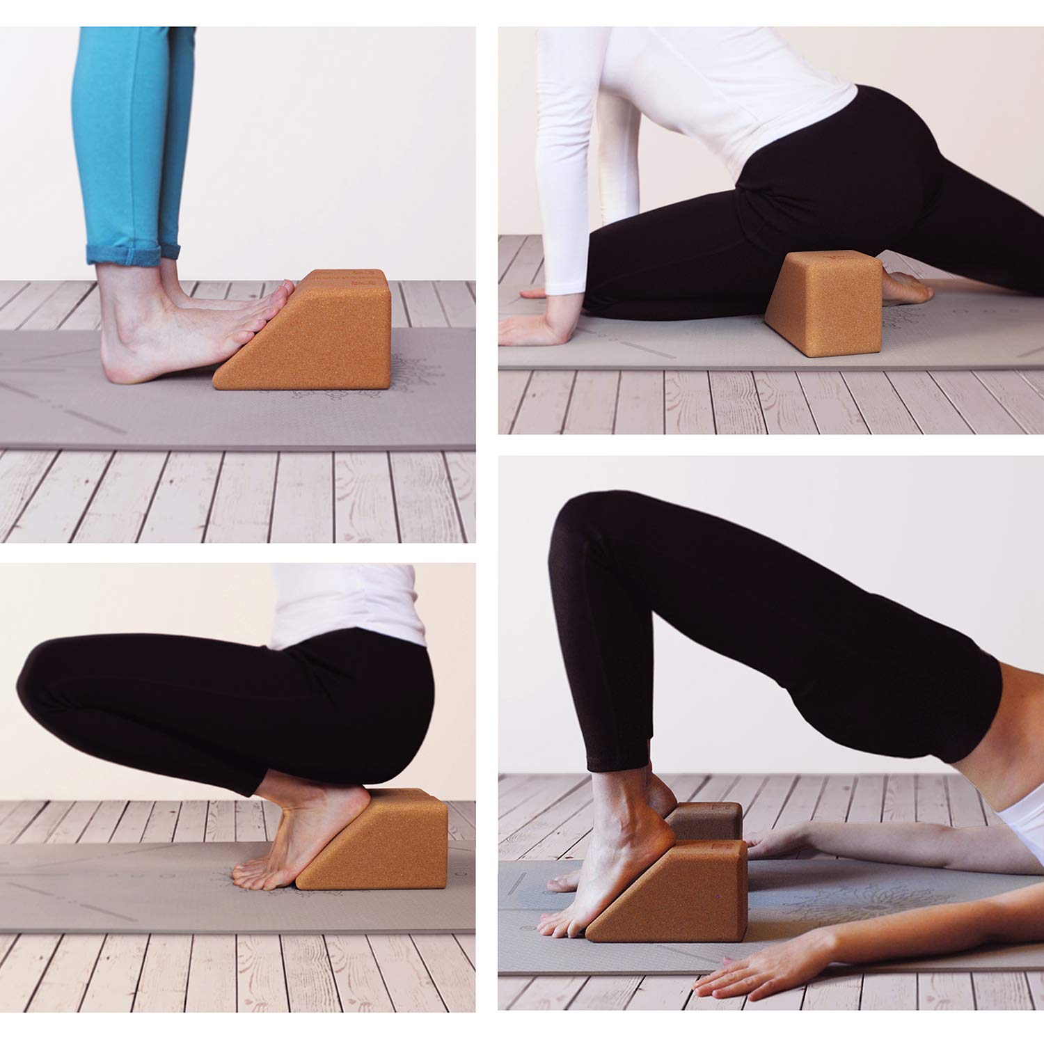 Multifunctional Cork Yoga Blocks 2 Pack - Trapezoid Yoga Block Set, Regular+ Handstand Blocks + Wrist Support Wedge + Calf Stretch Wedge, Firm Stretching Exercise Accessories