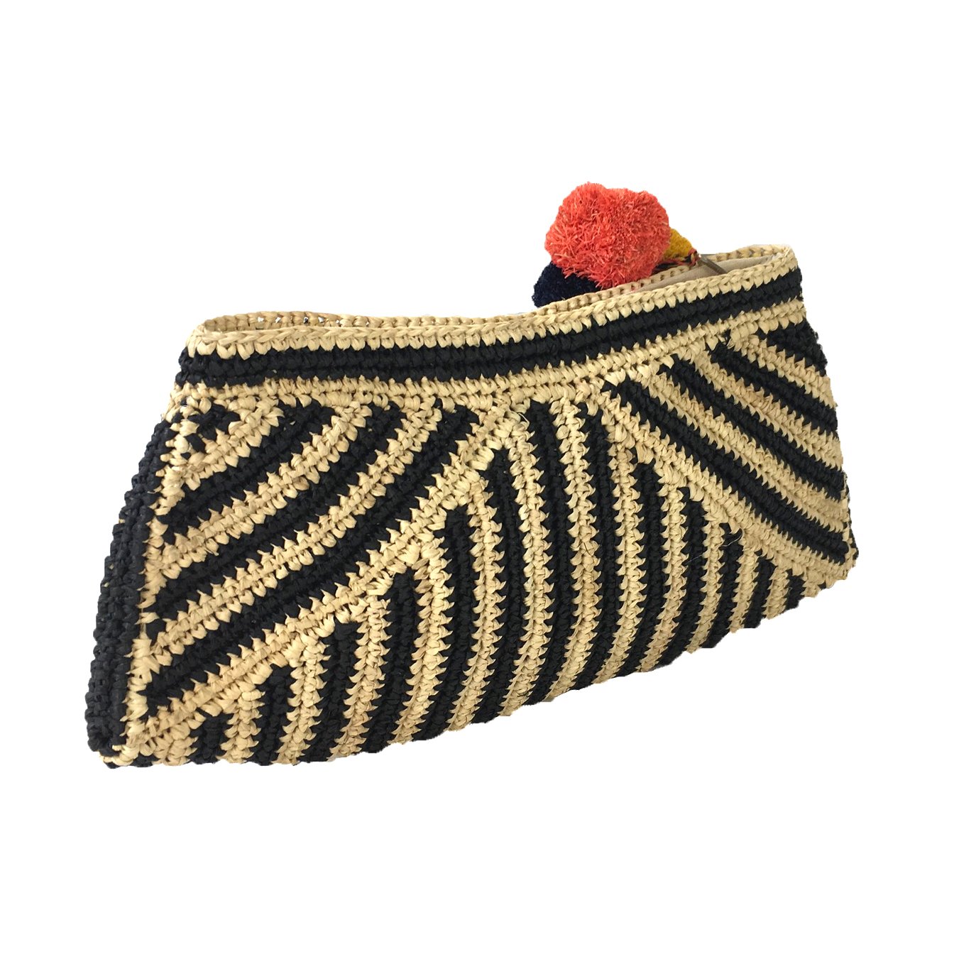 Mar Y Sol Sonia Pom Pom Crochet Raffia Clutch, Black Stripe
