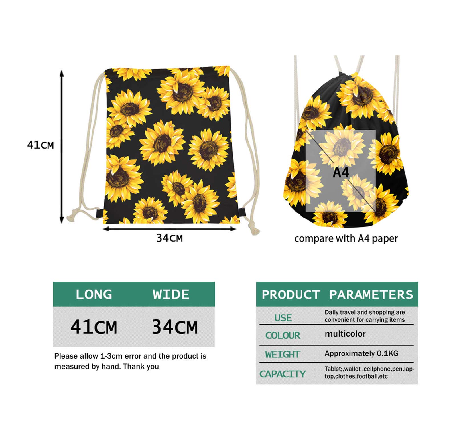 Mumeson Women Girls Elegant Sunflower Drawstring Backpack String Bag Sackpack Cinch Bag for Gym Beach Travel Yoga