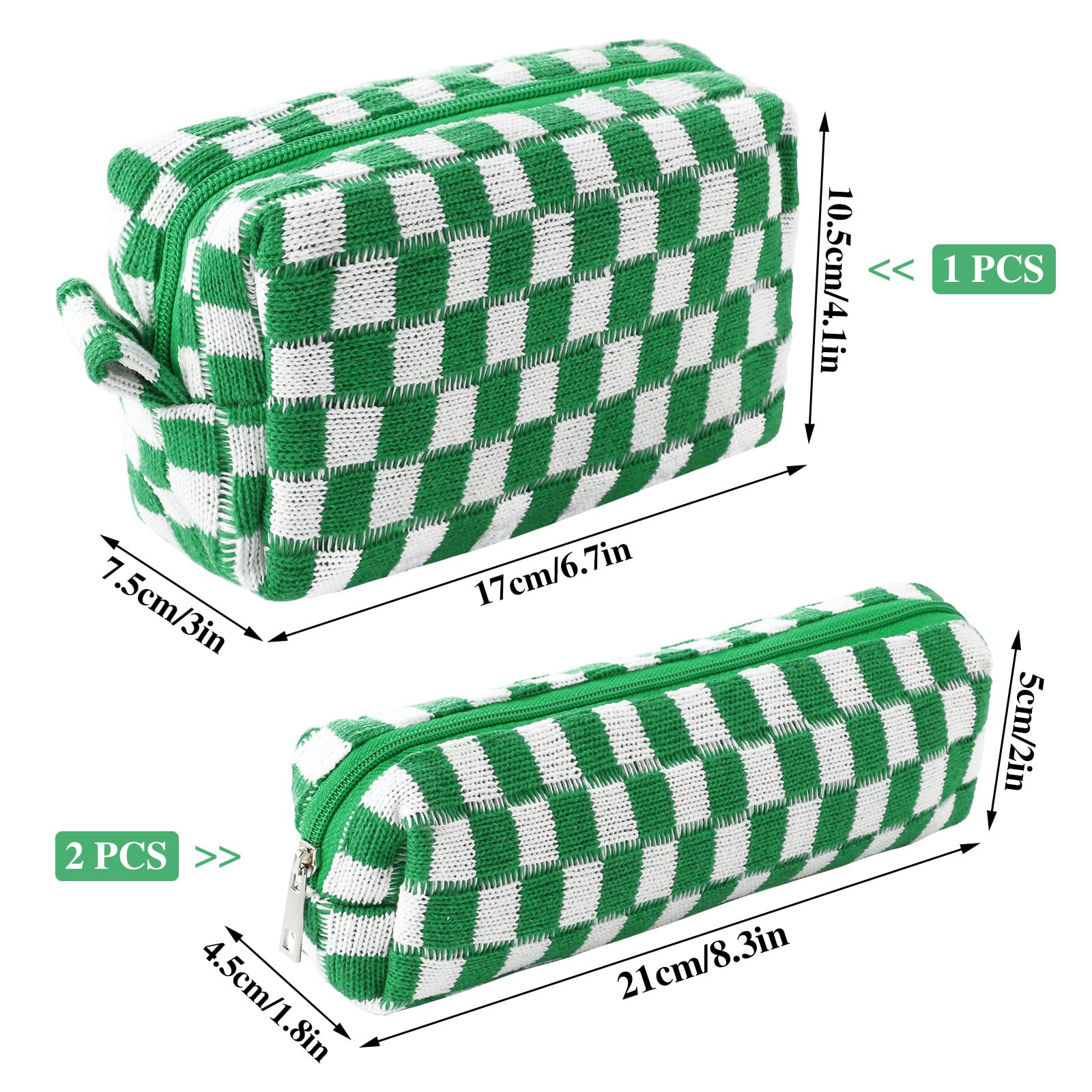 WSICSE 3 Pcs Checkered Makeup Bag Travel Cosmetic Bag, Small Makeup Pouch Organizer Bag for Women Cosmetic Brushes Pen (Green)
