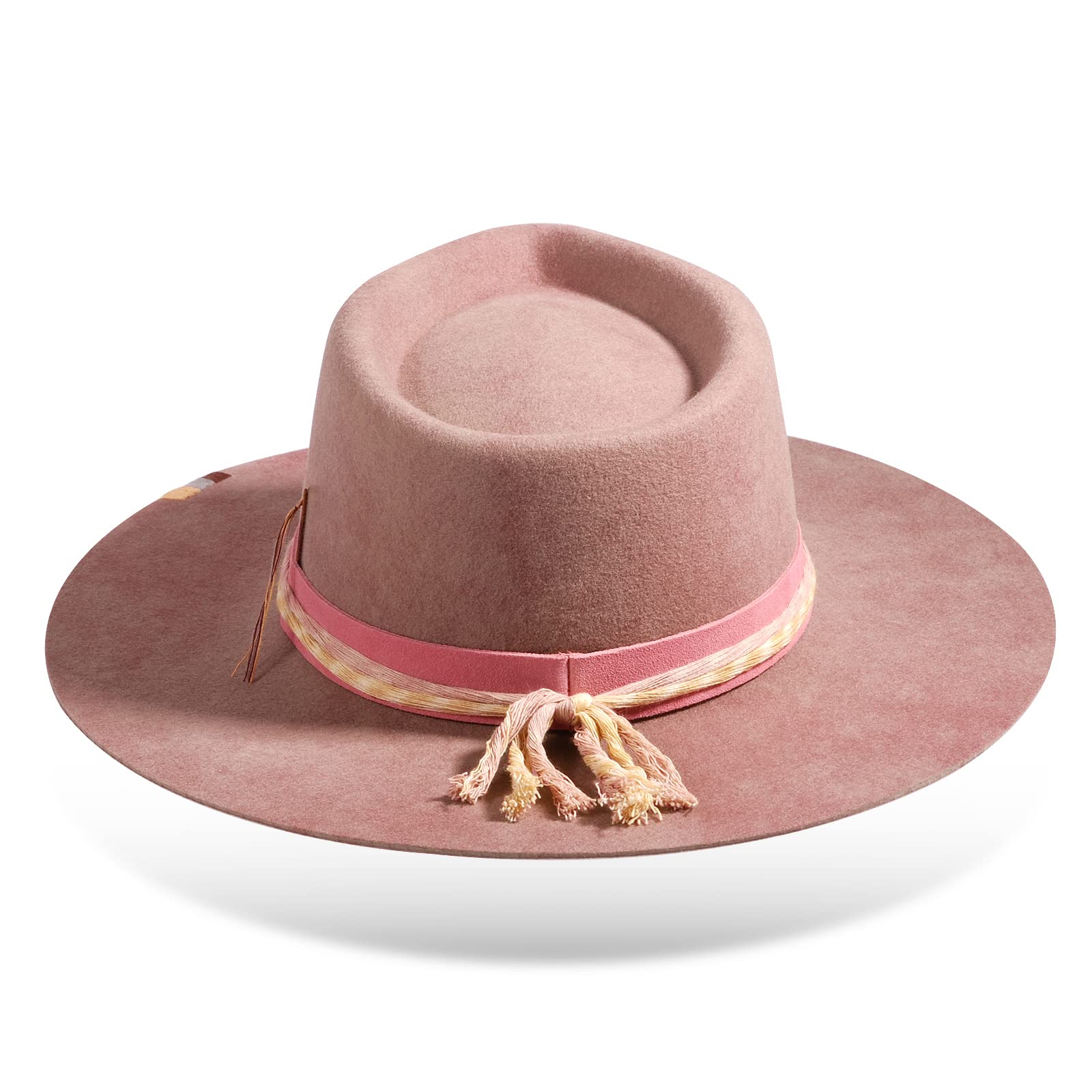 RUEDIGER Wide Brim Fedora Hats for Men Women 100% Wool Felt Panama Rancher Hat with Lightning Logo Distressed/Burned Handmade Pink