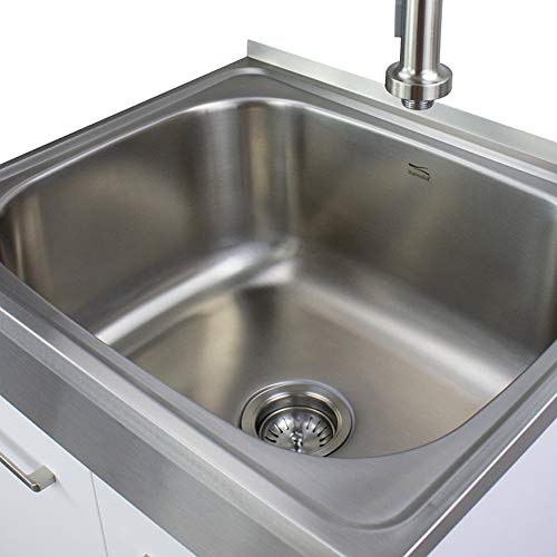 Transolid TCAB-2420-WS 24-in Laundry Cabinet Sink, Stainless Steel High Arc Faucet, and Basket, White