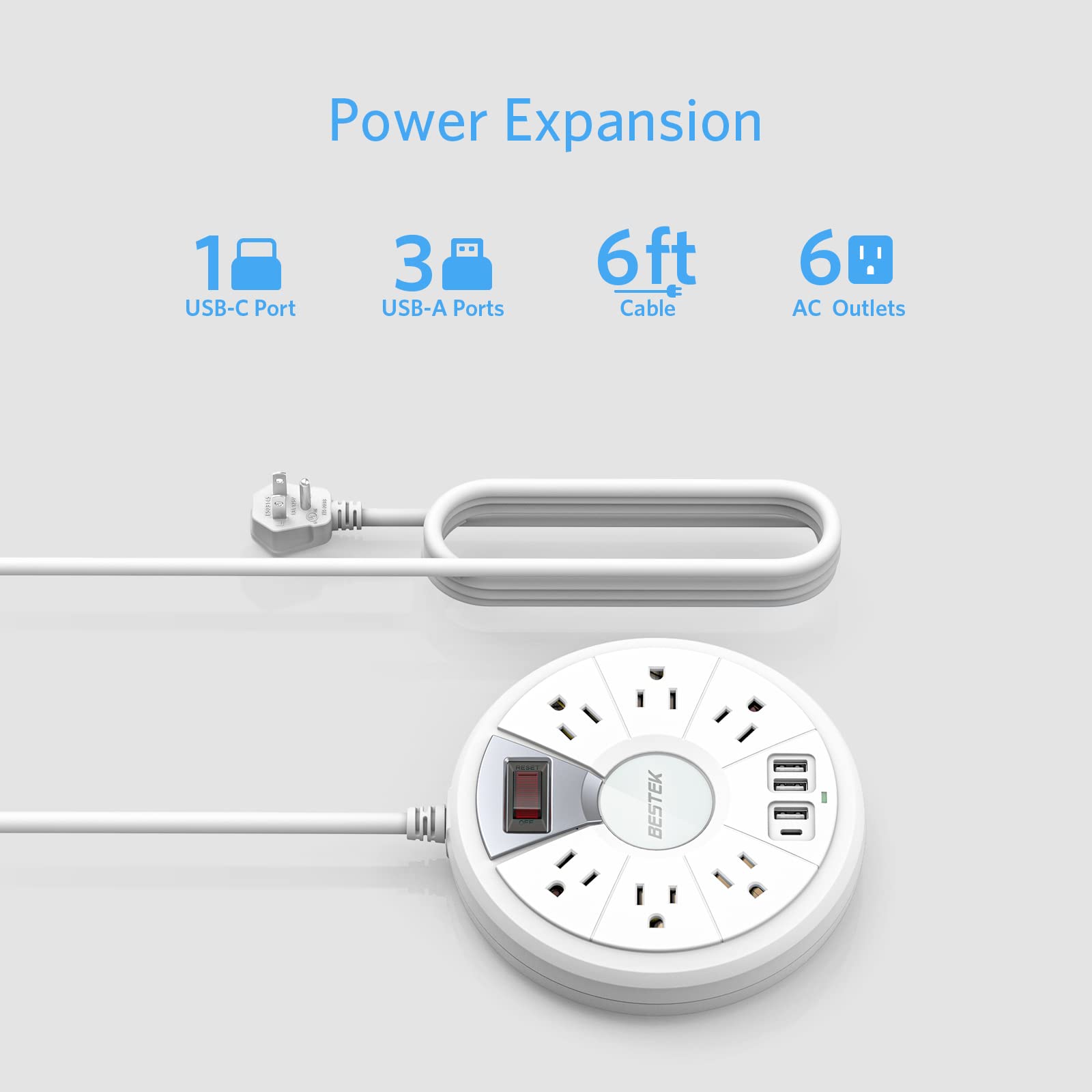 USB C Power Strip, BESTEK 6Ft Extension Cord with 6-Outlet 4 USB Ports(1 PD 20W USB C, 3 USB A), Surge Protector Power Strip with Overload Protection for Dorm, Home, Office, 220J