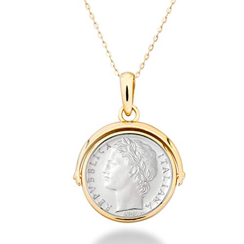 Miabella 18K Gold over Sterling Silver Italian Genuine Reversible Flip 100 Lira Coin Pendant with Adjustable Chain Necklace, Medallion Made in Italy