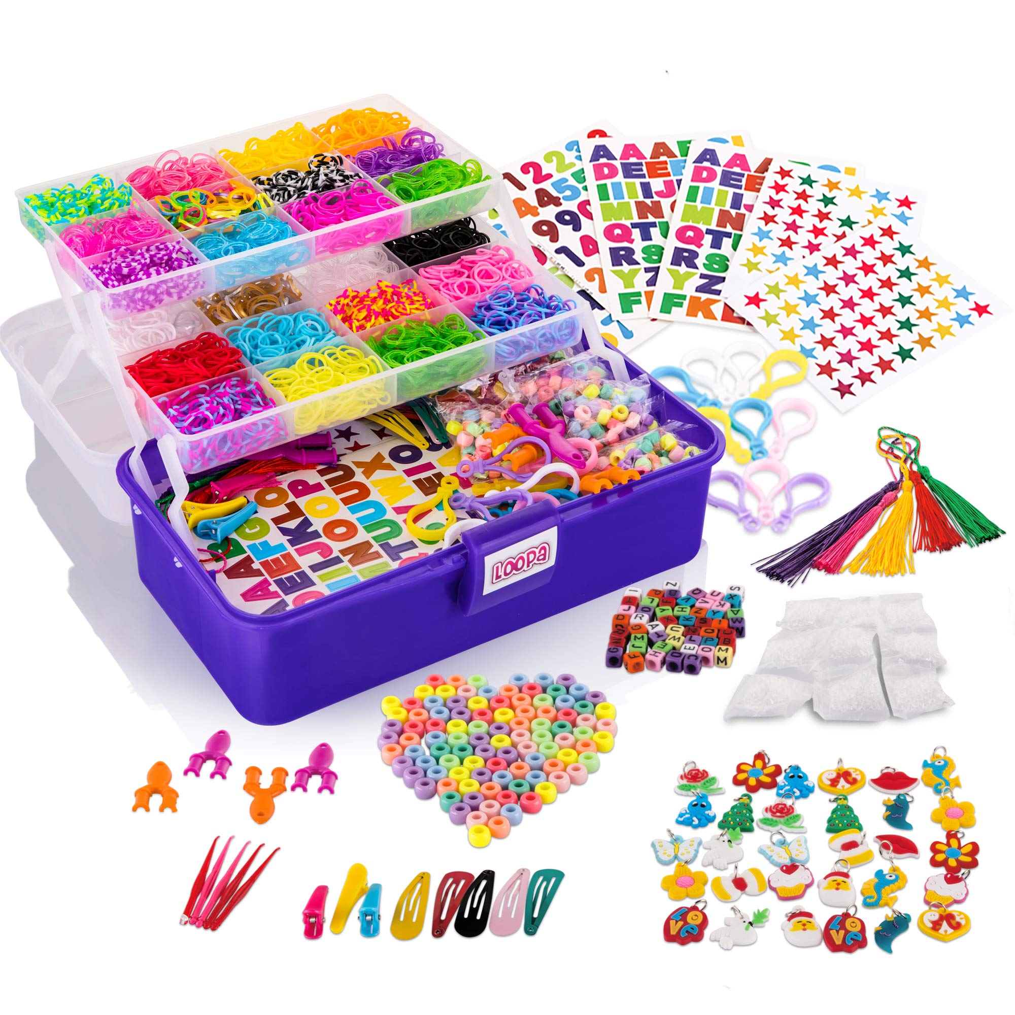 Loopa Rubber Bands Kit, 10,000+ Colorful Bands Refill Set for Kids, DIY Loom Bracelets Making Set with Beads & Endless Accessories - Box Case Included
