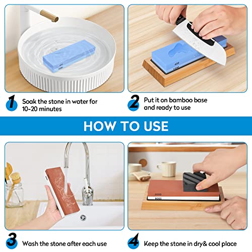 Whetstone Knife Sharpening Stone 4 Side Grit 400/1000 3000/8000, Professional Whetstone Knife Sharpener, Knife Sharpening Kit with Non-Slip Bamboo Base, Leather Strop, Flattening Stone & Angle Guide