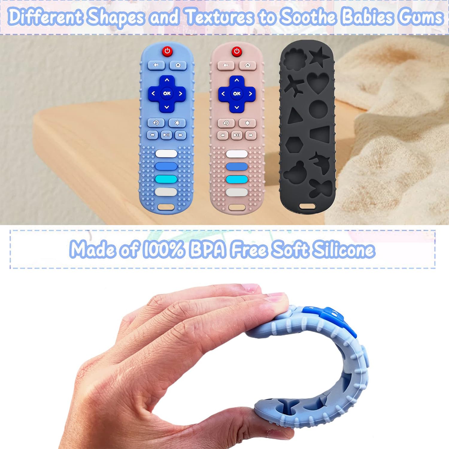 SOLIFEGOBLE 2 Pack Silicone Teethers Toys for Infant Toddlers Remote Control Shape Teething Tablets for Babies Chew Toys, Relief Soothe Babies Gums Se