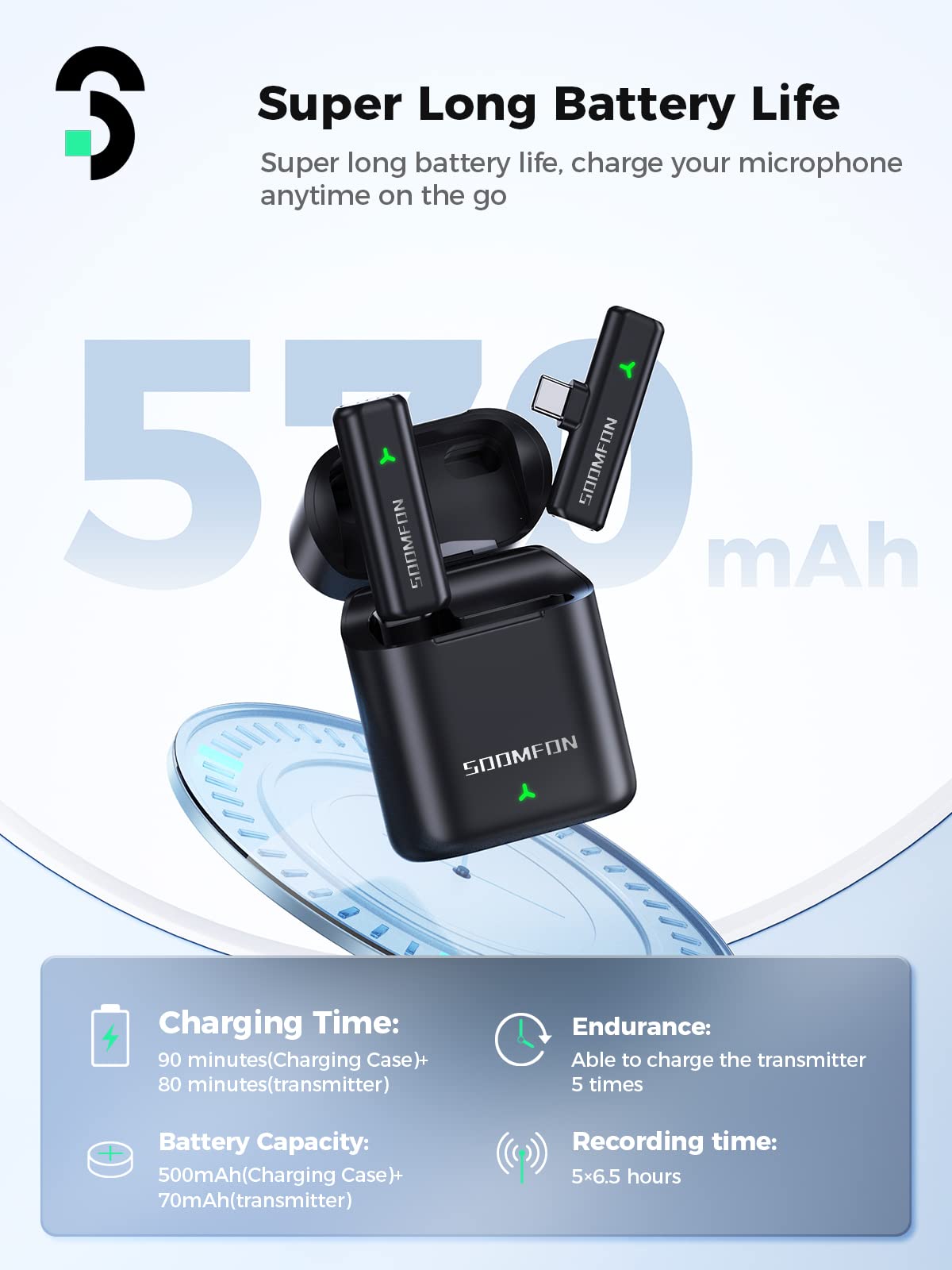 SOOMFON Wireless Lavalier Microphone for Android Phone Professional 2.4GHz Bluetooth Lapel Mic with Charging Case, Mini Clip on Microphone for Recording, YouTube, Vlog, Live Stream, TikTok and More