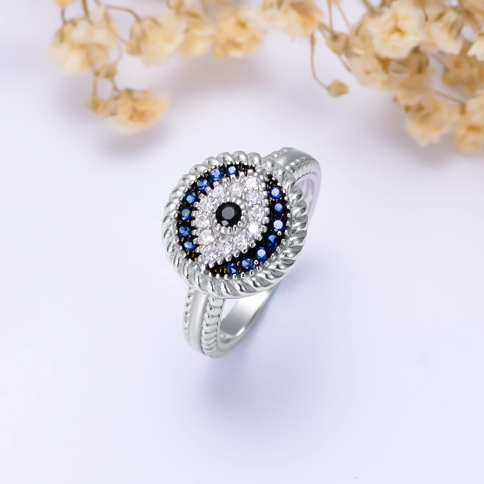 PEIMKO Evil Eye Ring Spiritual Turkish Ring Size 7/8/9 Sterling Silver Blue Evil Eye Rings Round Evil Eye Ring Greek Evil Eye Protection Ring for Women(8)