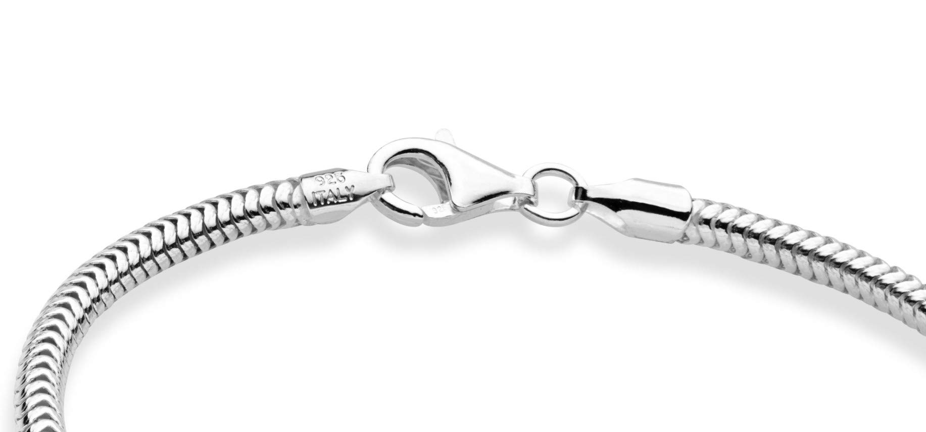 Miabella Solid 925 Sterling Silver Italian 3mm Snake Chain Bracelet for Women Men, Charm Bracelet, Made in Italy (Length 7.5 Inches)