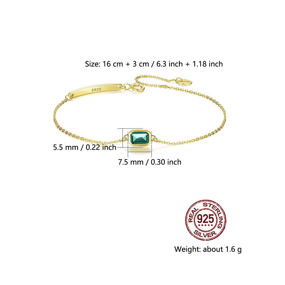 SENCLE S925 Sterling Silver with 14K Yellow Gold Plated Simulated Emerald Green Gemstone Adjustable Bracelet for Women