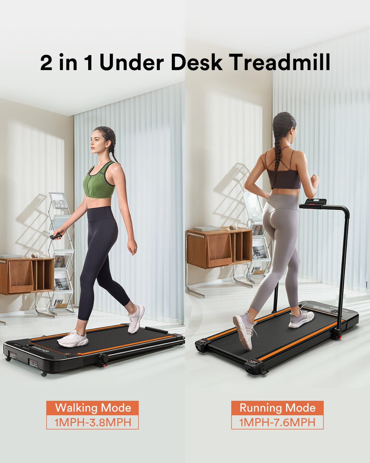 UREVO Under Desk Treadmills, 2.5HP Folding Treadmill with Dual LED Display & Remote, 2 in 1 Treadmills for Home Office, Walking Pad Treadmill 265 lbs Weight Capacity