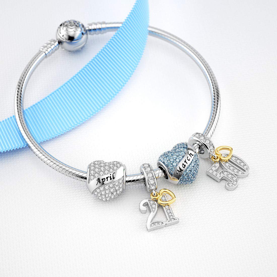 March Birthstone Charms for Pandora Charms Bracelet Sterling Silver Heart Bead Happy Birthday Charms for Bracelets Necklace