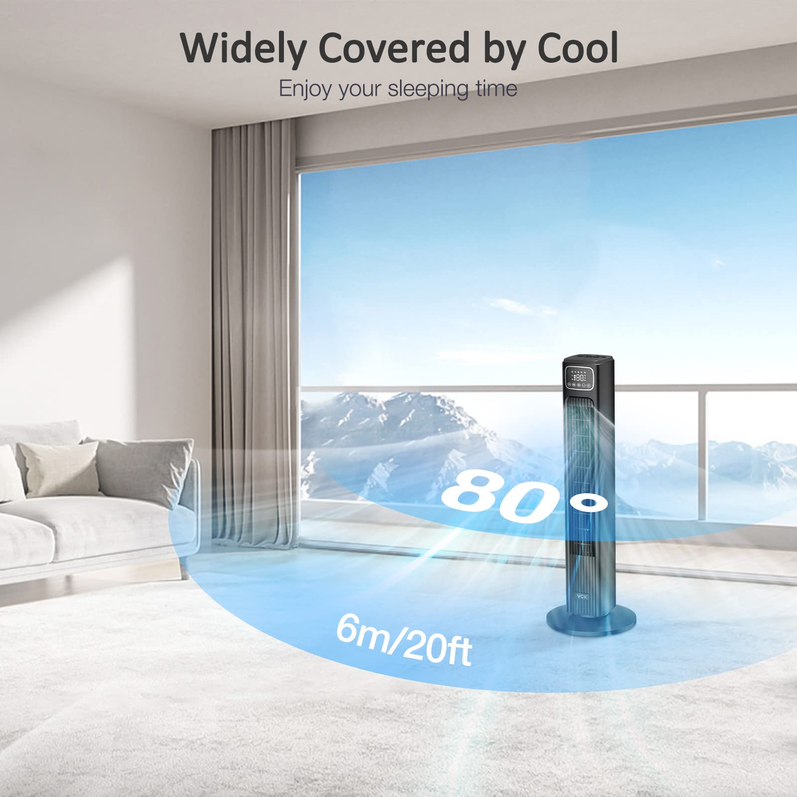 VCK 36-Inch Tower Fan, 80° Oscillating Fans with Remote | 3 Speeds, 4 Modes | Standing Bladeless Floor Fan LED Display with Auto-Off | 12H Timer | Quiet Cooling Fan for Bedroom Home Office