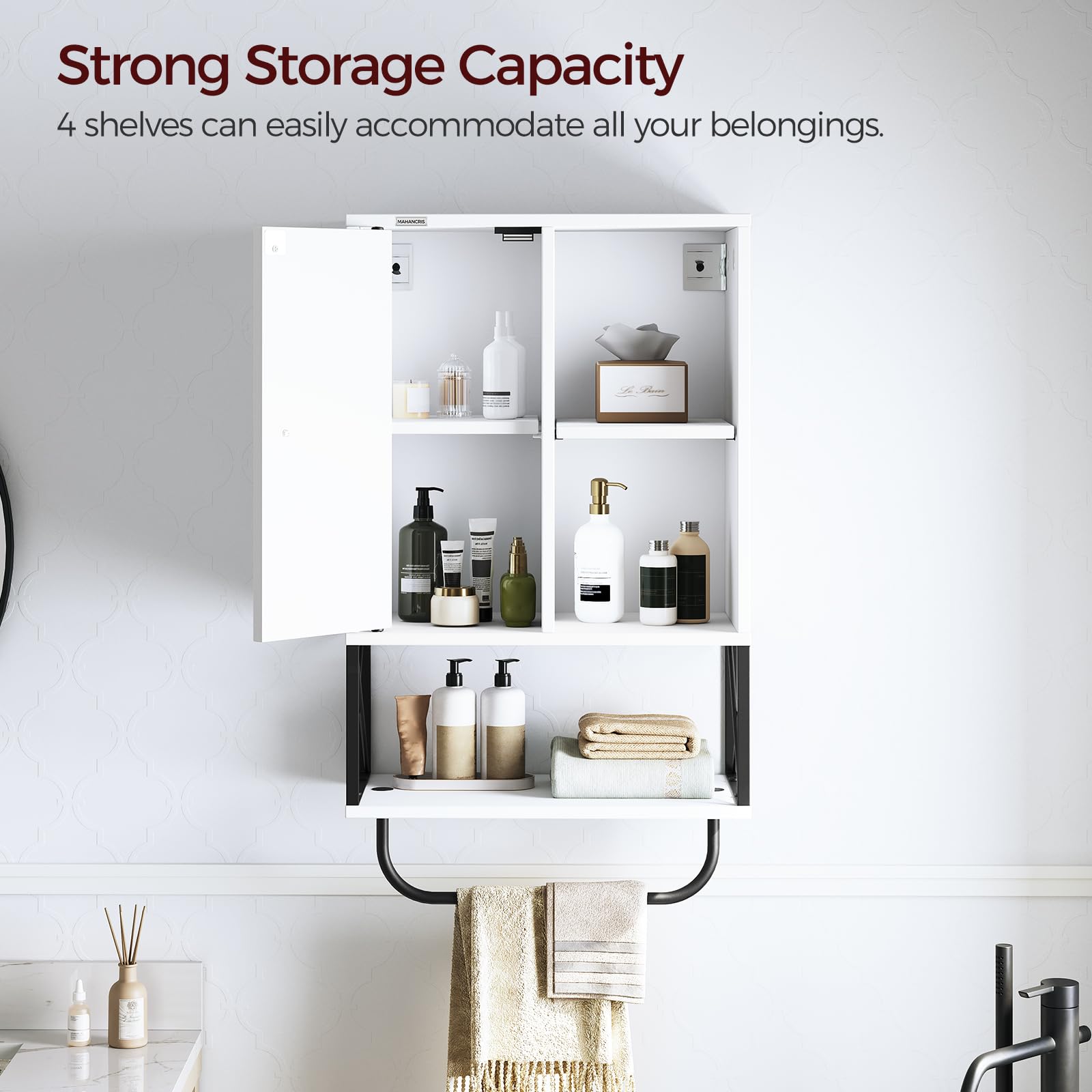 MAHANCRIS Bathroom Wall Cabinet, Medicine Cabinet with Single Door and Adjustable Shelf, Wall Mounted Over The Toilet Space Saver Storage Cabinet with Open Shelf, Bathroom Organizer, White