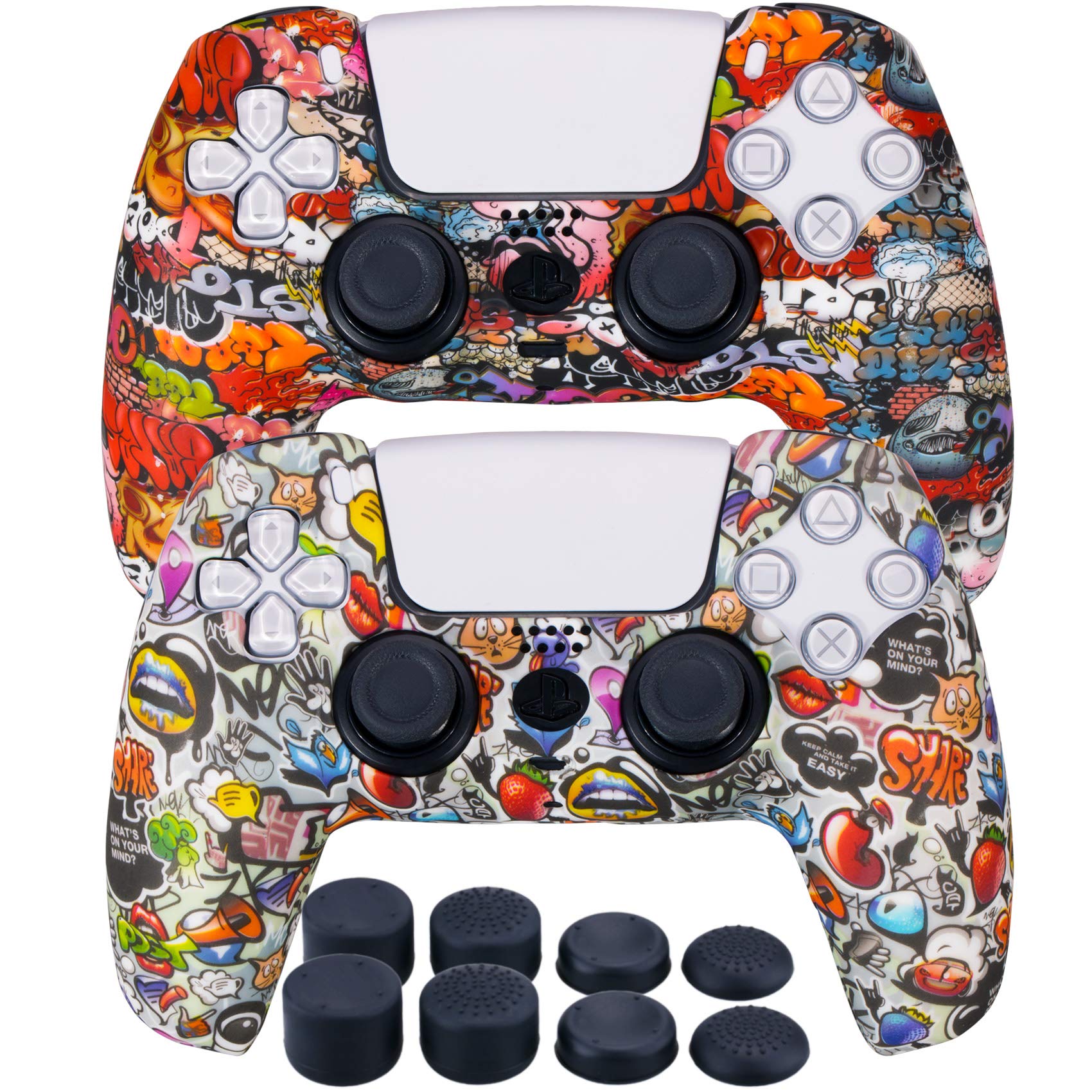 MXRC Silicone Rubber Cover Skin case Anti-Slip Transfer Printing Customize Camouflage for PS5 Dualsense Controller x 2(Street Art Pack) + FPS PRO Extra Height Thumb Grips x 8