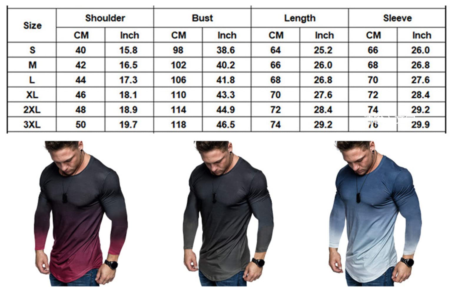Pejihota Mens Muscle Gym Athleisure Fitted T-Shirt Crew Neck Long Sleeve Gradient Tee Top Blue