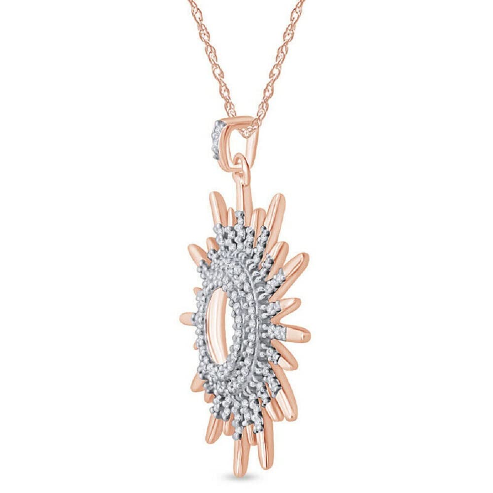 Round Cut White Diamond 925 Sterling Silver 14K Rose Gold Over Diamond Sunburst Pendant Necklace for Women's