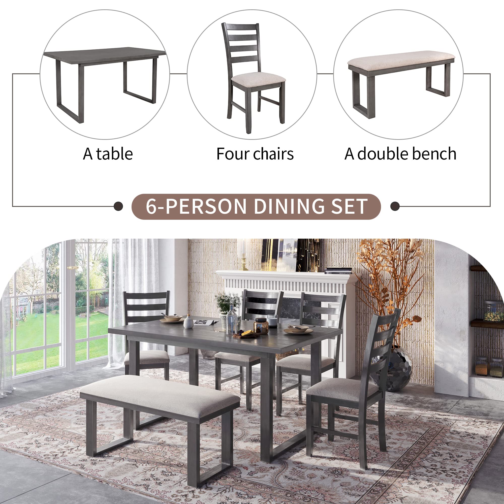 Quarte Wood Dining Table Set, Rrectangle Table and 4 Chairs with Bench, Kitchen Family Furniture Set of 6, Rustic Style