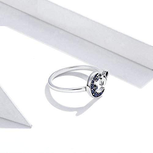 MZC Jewelry Cat Ring Blue Moon Stars Sterling Silver Ring Women Adjustable Open Size Ring for Mom Friends Birthday