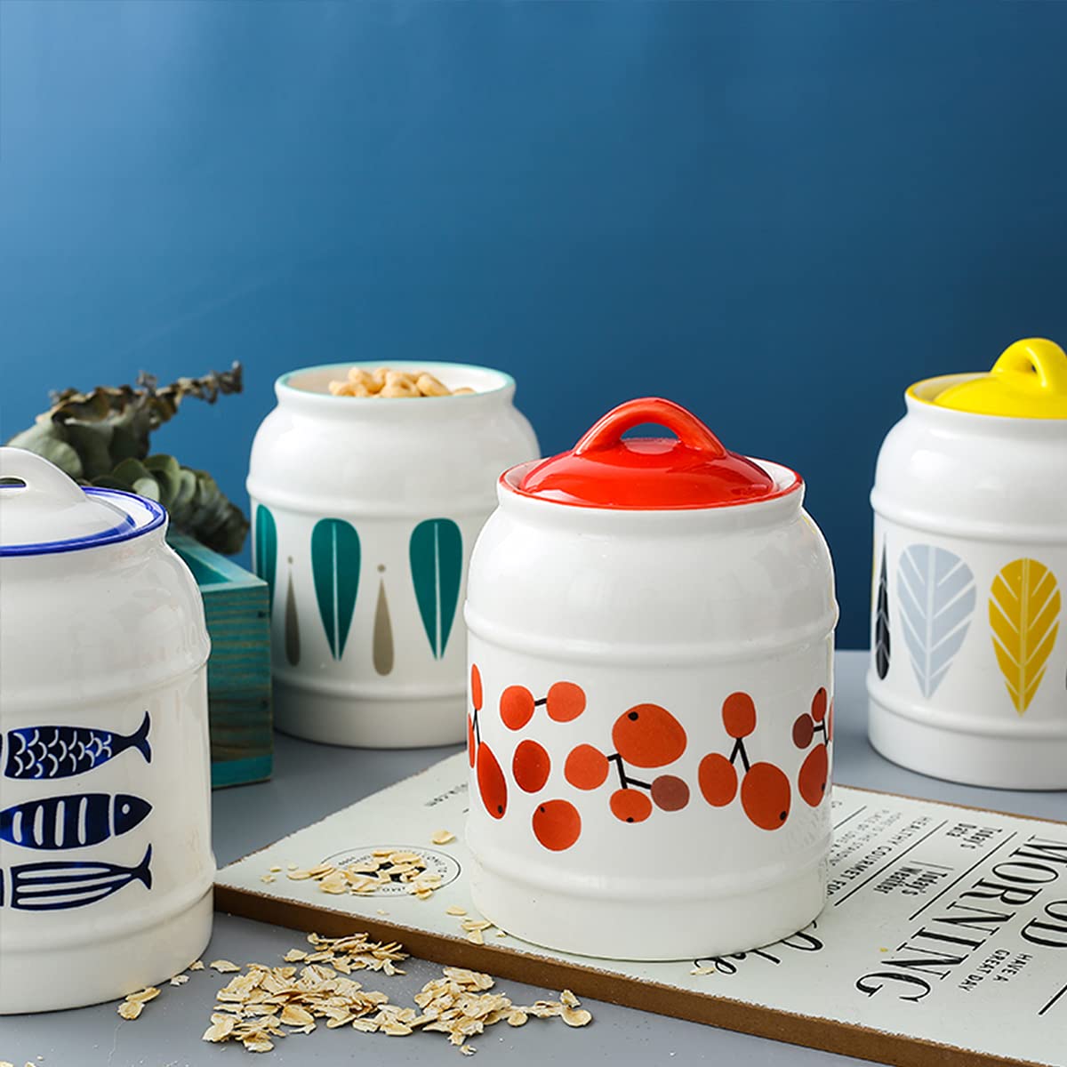 LLDAYU - Airtight Kitchen Canister Decorations with Lids, The simple and fresh design Ceramic Food Storage Container Canister - Yellow Leaves (750 ml/32 oz)