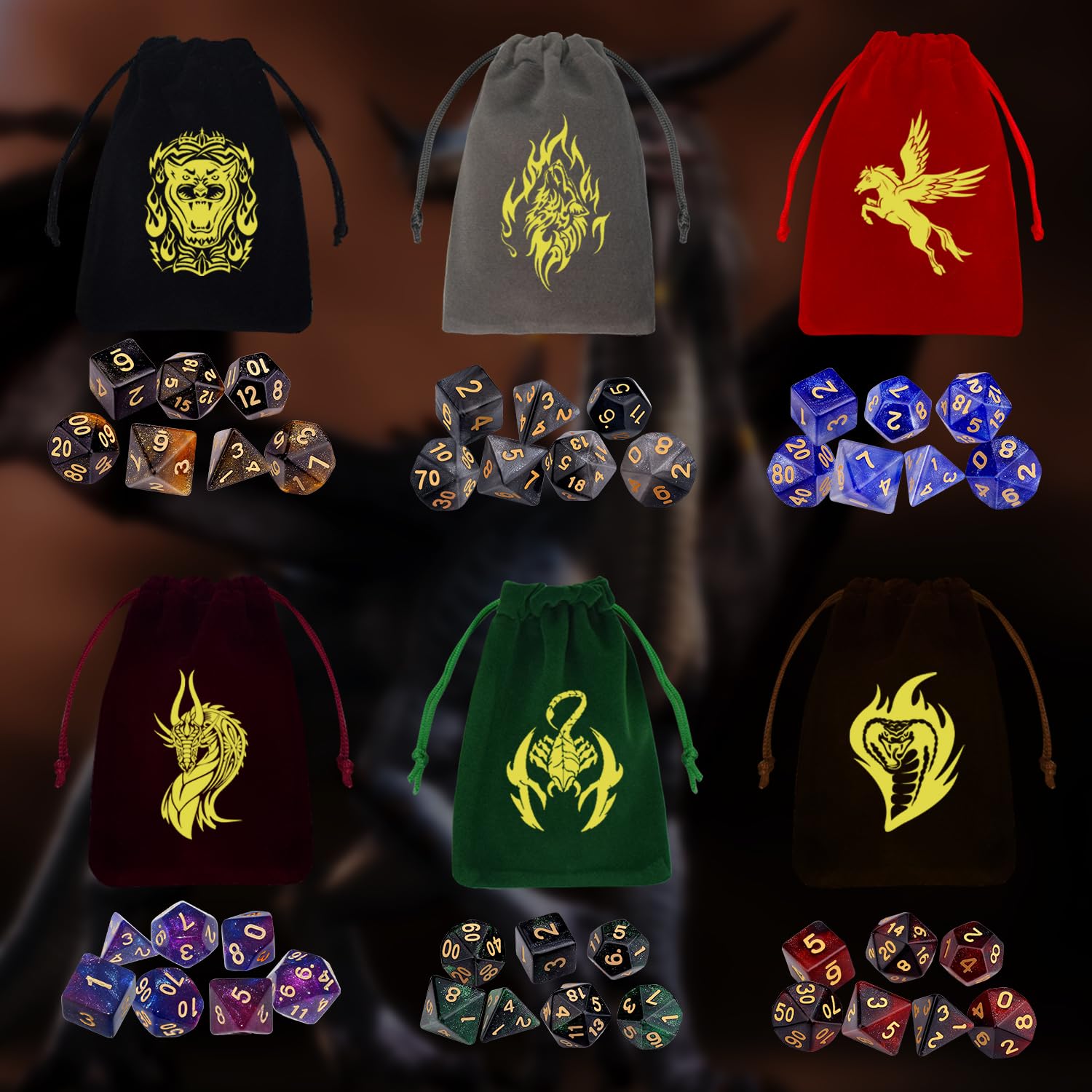 URSMART DND Dice Set,6 X 7(42 Pieces) Polyhedral Dice Set Double-Colors D&D Dice with 6PCS Pattern Dice Bag and PU Leather Velvet Dice Tray,Perfect for D&D RPG MTG Role Playing Table Games,Gift